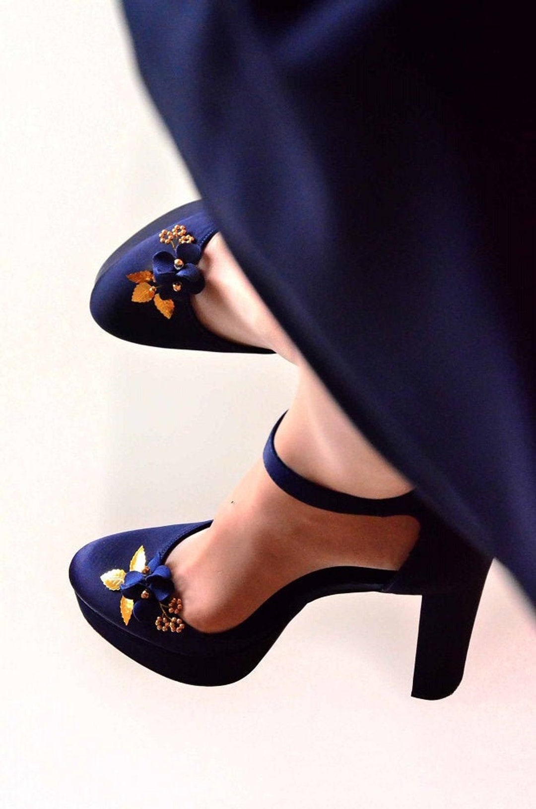 Navy Blue and Gold Floral Shoe Clips, Bridal or Bridesmaids Accessories ...