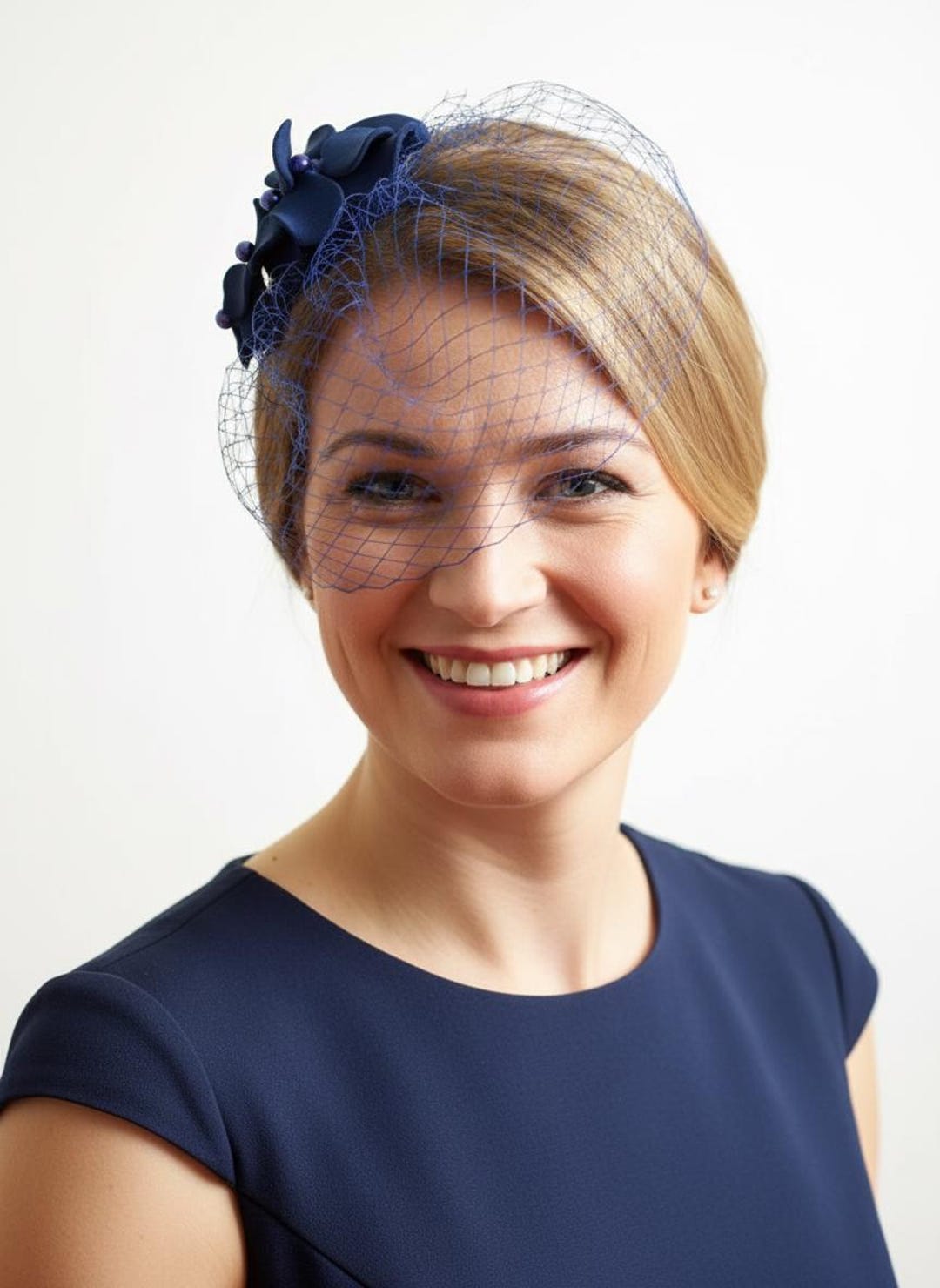 Navy Blue Birdcage Veil With Floral Decoration | Wedding Hair Accessory ...