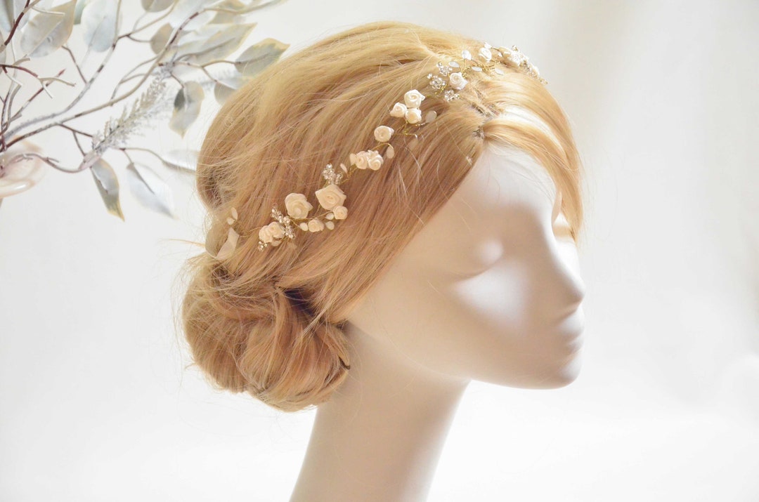 First Communion Crown With Roses and Beads, Gold and Ivory Delicate ...