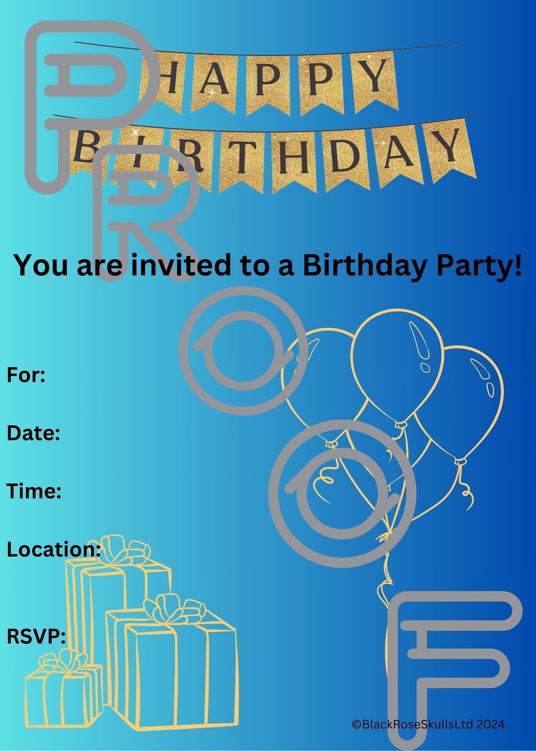 Birthday Party Invitation PDF Digital Download Gold Blue Colour Fade ...