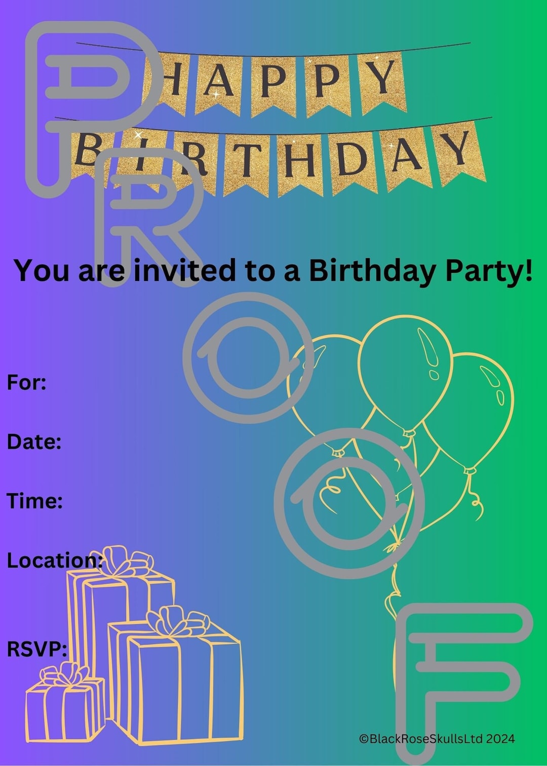 Birthday Party Invitation PDF Digital Download Gold Purple Green Colour ...