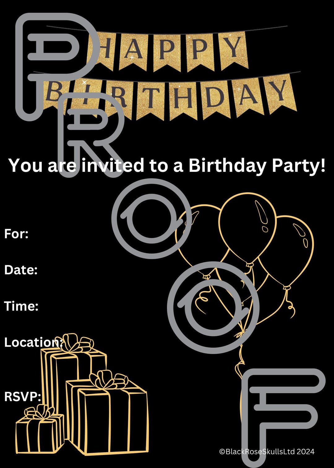 Birthday Party Invitation PDF Digital Download Black Gold Simple Blank ...