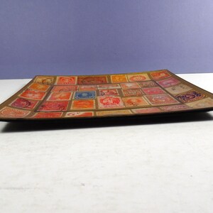 Handmade DECORATIVE TRAY Vintage Postage Stamps Red, Orange & Gold Keys ...