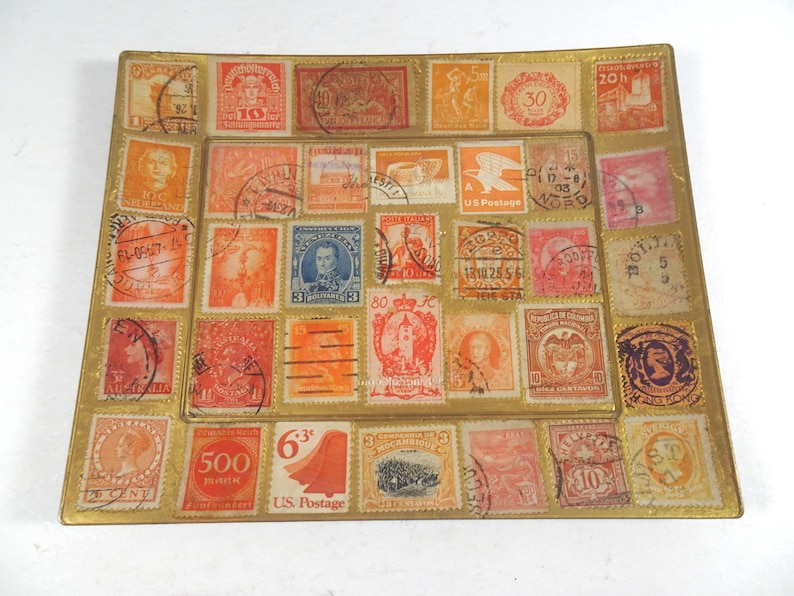 Handmade DECORATIVE TRAY Vintage Postage Stamps Red, Orange & Gold Keys ...