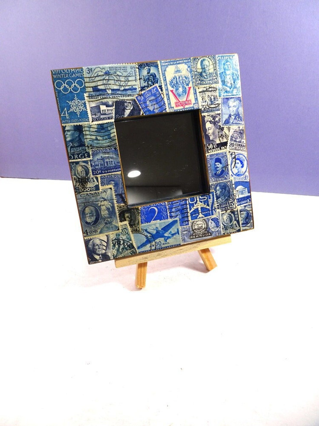 Handmade Vintage BLUE Postage Stamps FRAMED MIRROR W/easel 5-1/2" X 5-1 ...