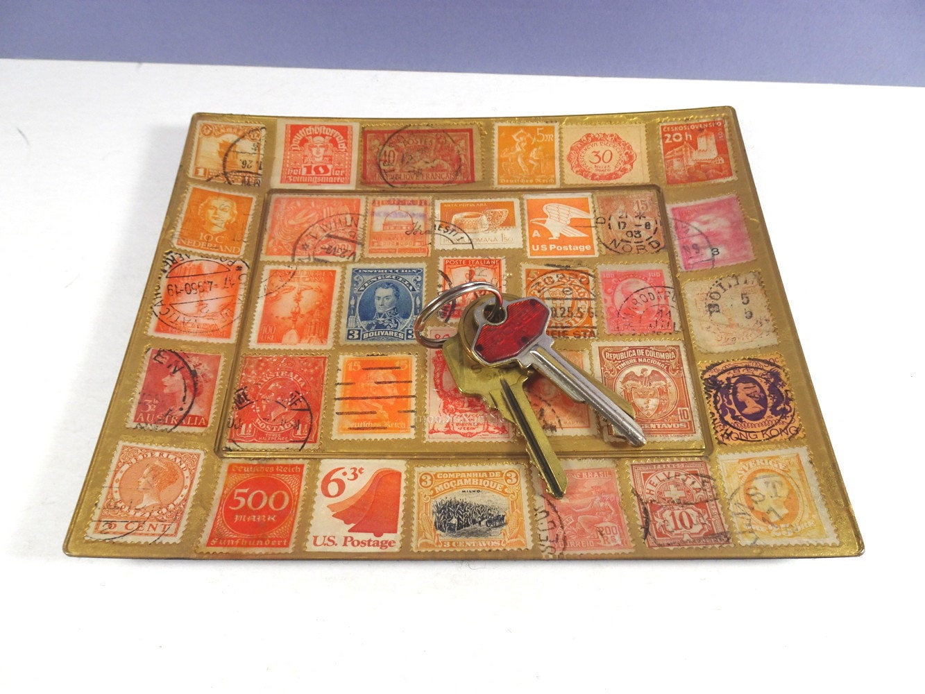 Handmade DECORATIVE TRAY Vintage Postage Stamps Red, Orange & Gold Keys ...