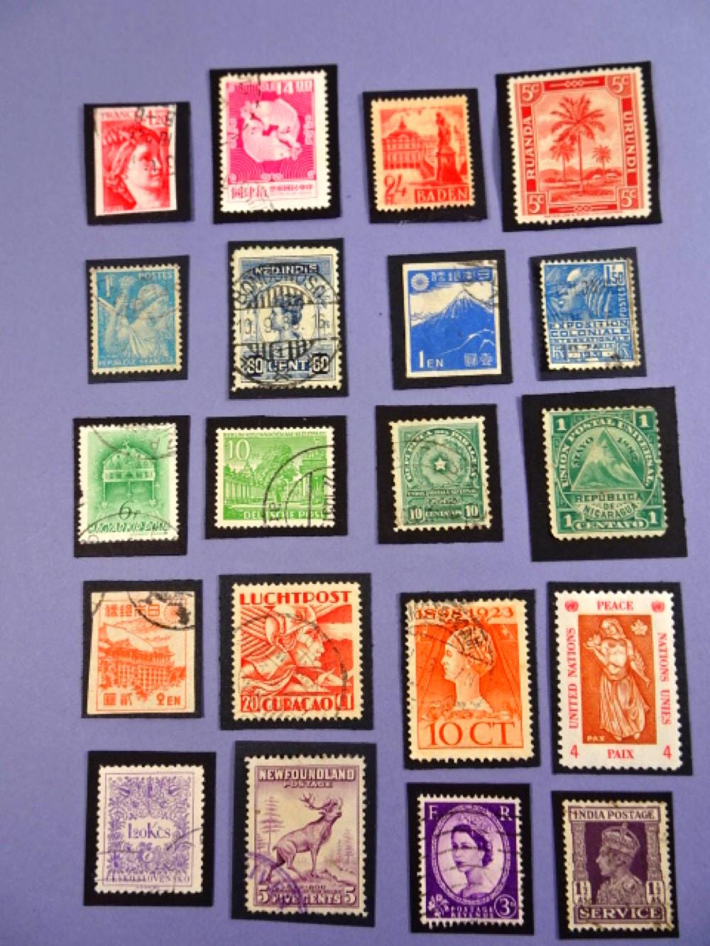 20 Cancelled Postage Stamps Mounted on Black Card Art Journals Paper ...