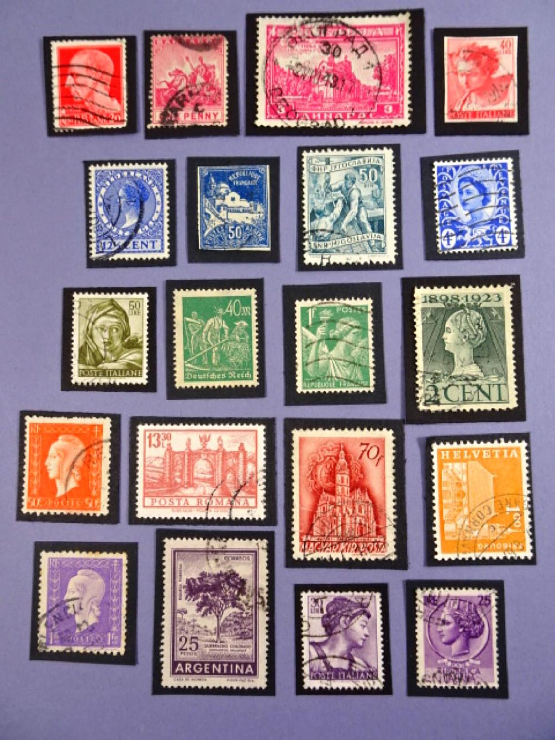 20 Cancelled Postage Stamps Mounted on Black Card Art Journals Paper ...