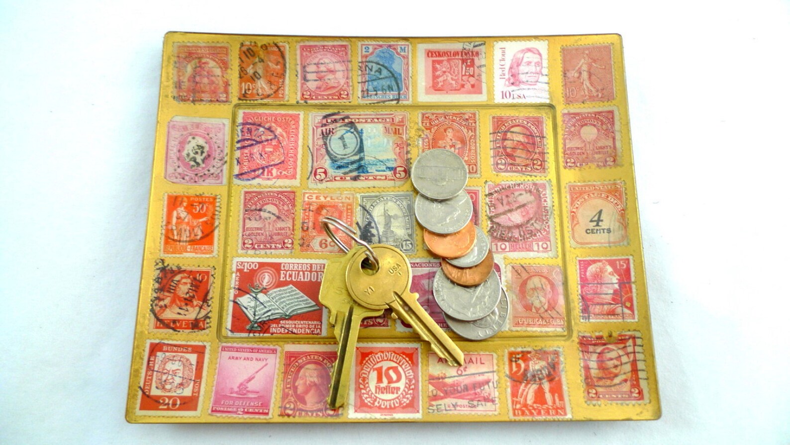 Handmade DECORATIVE TRAY Vintage Postage Stamps Red & Gold - Etsy