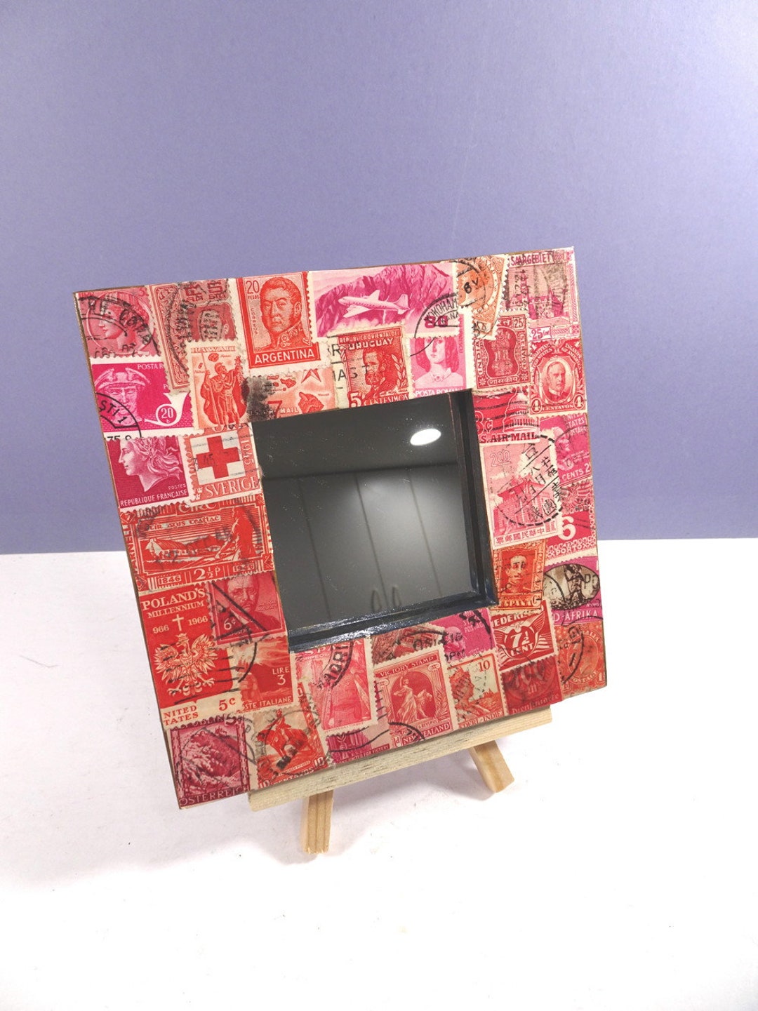 Handmade Vintage RED Postage Stamps FRAMED MIRROR W/easel 5-1/2" X 5-1/ ...