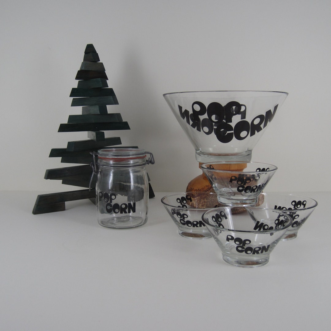 Wheaton Glass Typography - POPCORN Set - Large Bowl, 4 Side Bowls and ...