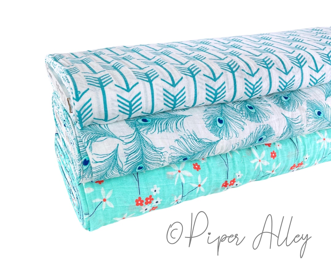 Double Gauze Fabric 100% Cotton | Aqua Blue Arrow Peacock Feather ...