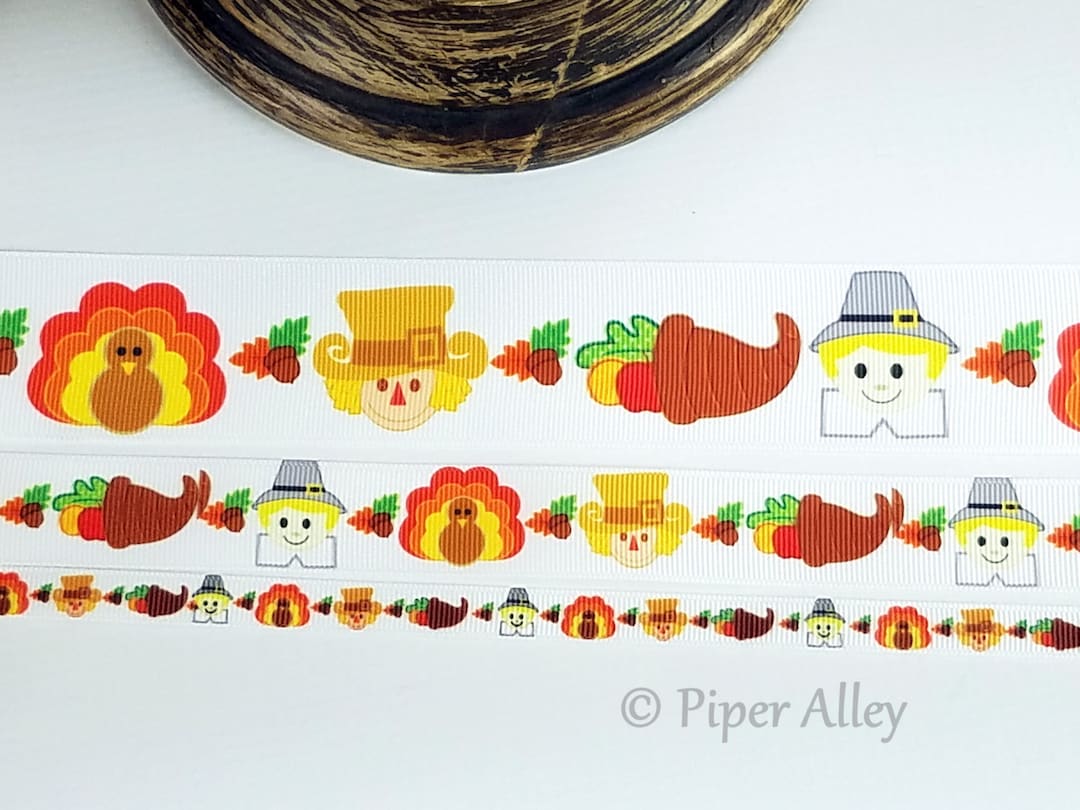 Thanksgiving Ribbon, Turkey Print Ribbon, Turkey, Pilgrim, & Cornucopia ...