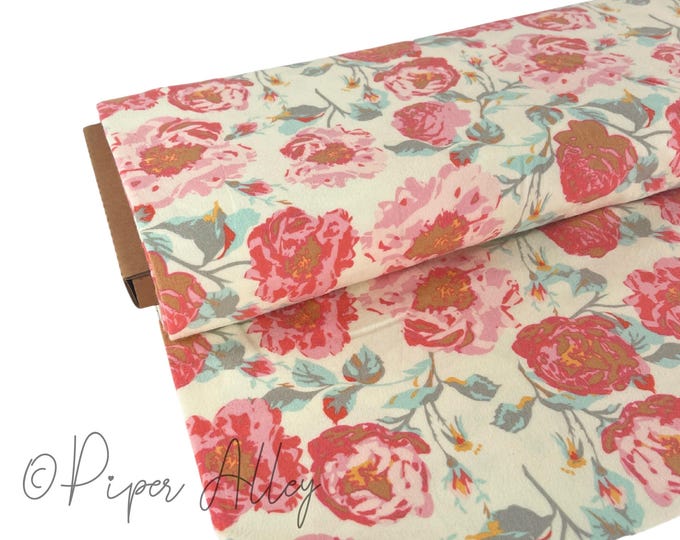 Chatsworth Cream Floral Flannel Fabric | Big Coral & Pink Roses ...
