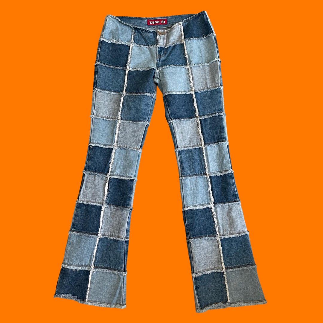 00's Vintage Patchwork Denim 100% Cotton Frayed Colorblock Y2k Low Rise ...
