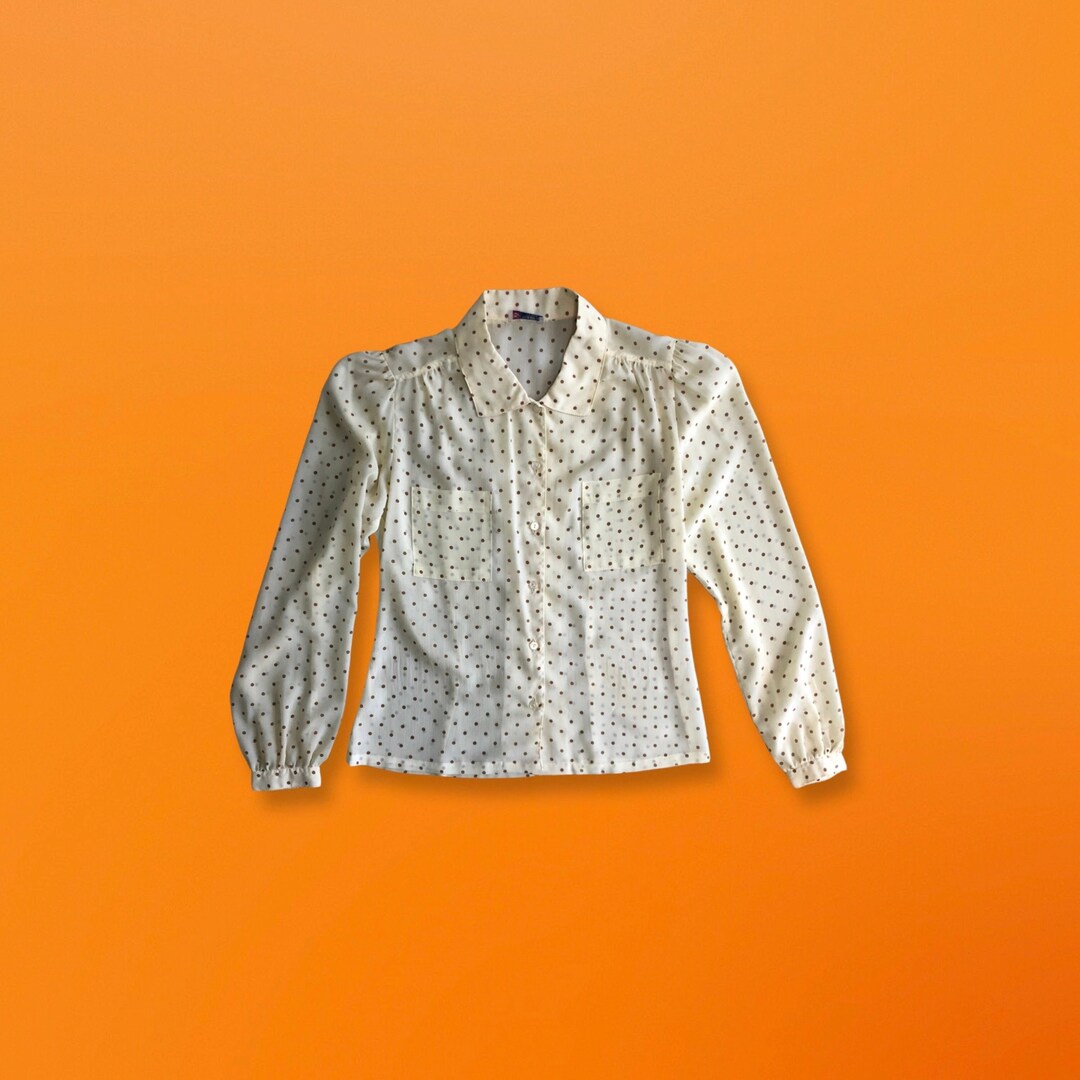 70s 80s Vintage Sheer Long Sleeve Brown Polka Dot Collared Button Up Blouse Small College Town