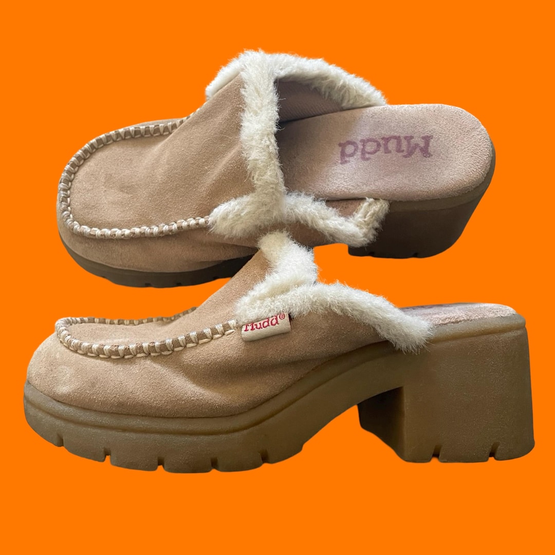 90's Vintage Tan Suede Leather Fuzzy Faux Fur Shearling Platform Mules ...