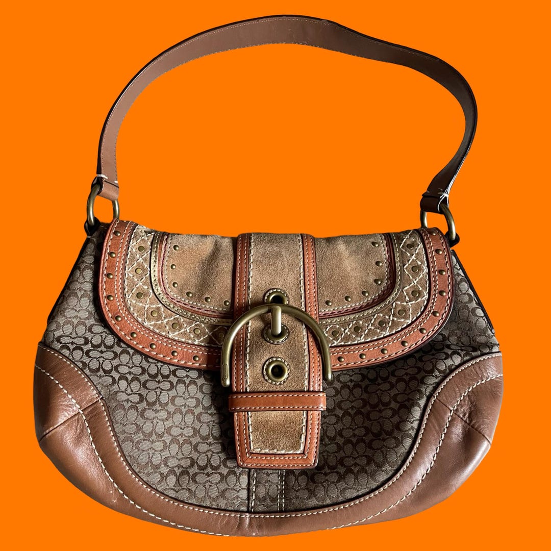 00's Vintage Camel Bohemian Suede Studded Monogrammed Y2k Shoulder Bag ...