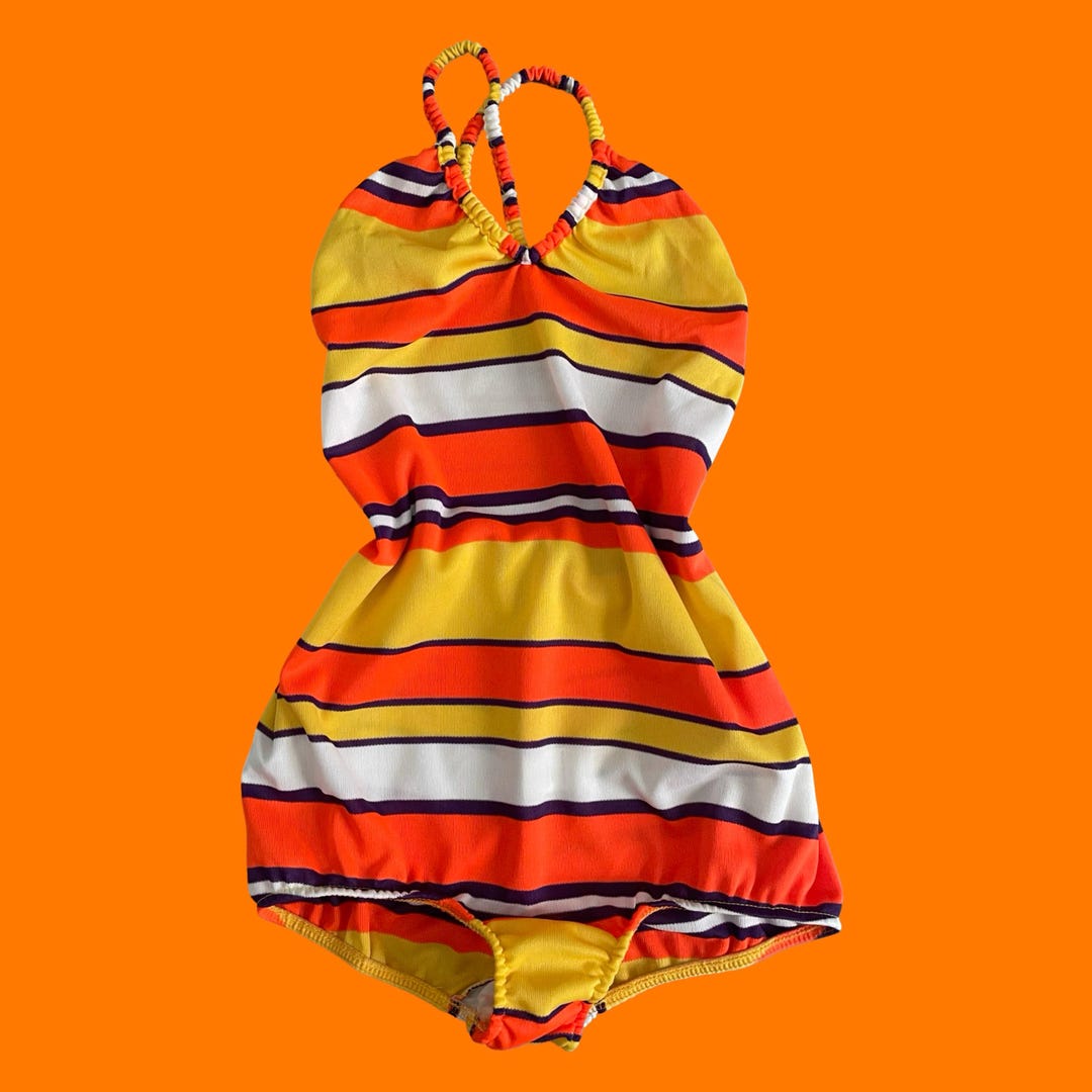 70's Vintage Candy Corn Striped Criss Cross Open Back One Piece Bathing ...