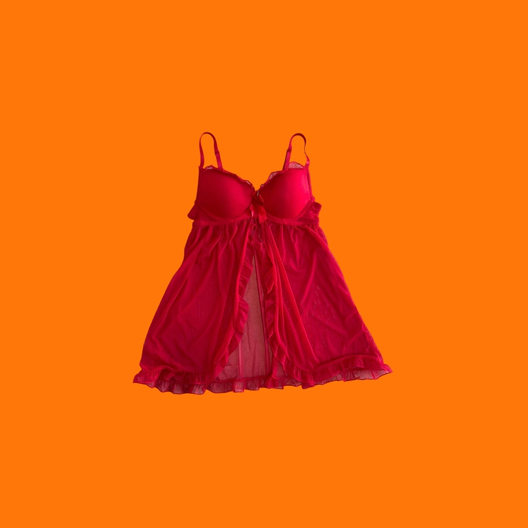 90's 00's Vintage Red Frilly Sheer Mesh Bustier Padded Y2k Lingerie ...