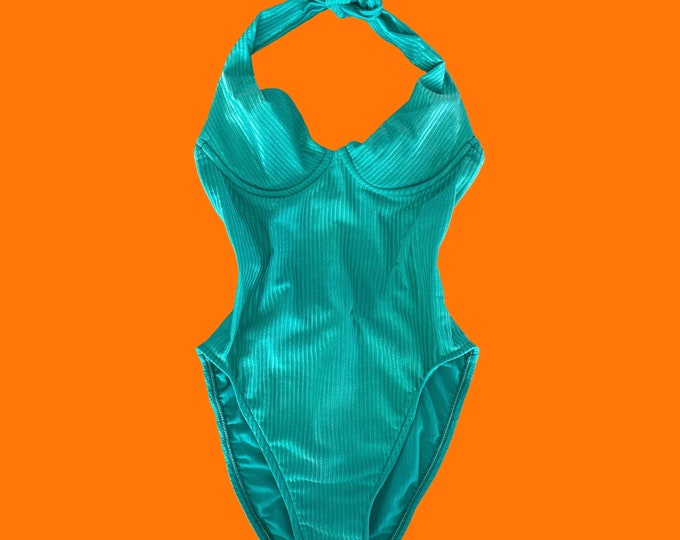 90's Vintage Turquoise Aqua Blue Ribbed Hi Cut High Leg Balconet Halter ...
