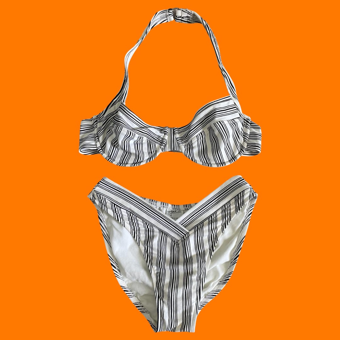 90's Vintage White and Black Striped Hi Cut High Leg Bikini Bathing ...