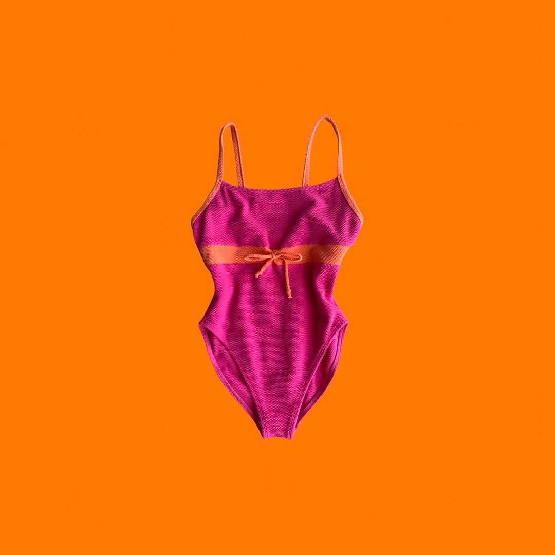 90's Vintage Pink and Orange Textured Hi Cut High Leg One Piece Swimsuit Bathing Suit Size 9/10 ...