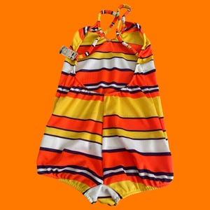 70's Vintage Candy Corn Striped Criss Cross Open Back One Piece Bathing ...