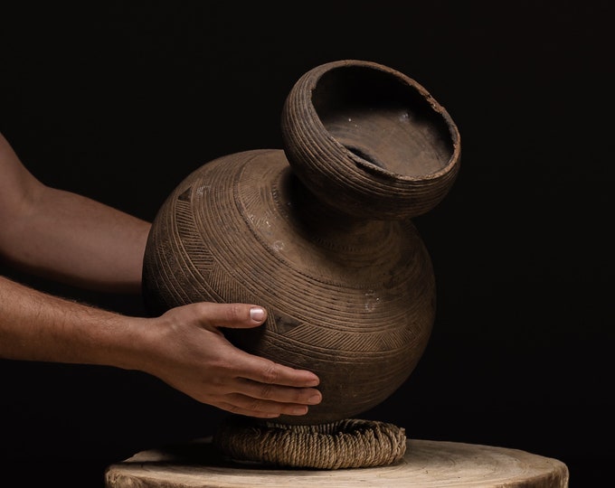 Rare Shape Antique Nigerian Nupe Vessel W Hand Woven Stand free ...