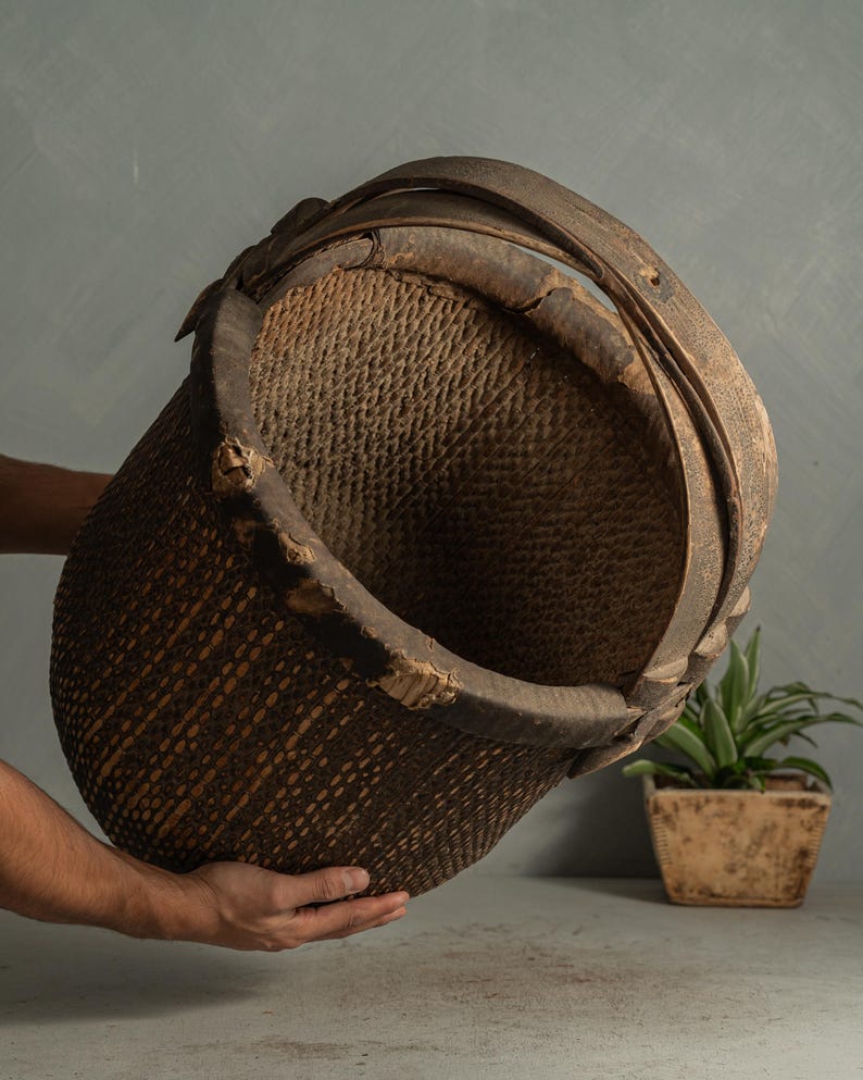 Antique Chinese Grain Gathering Basket – Vintage Handwoven Rice Harvest ...
