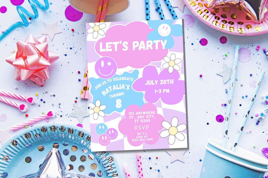 Pastel Smiley Face Birthday Invitation, Editable Canva Template ...