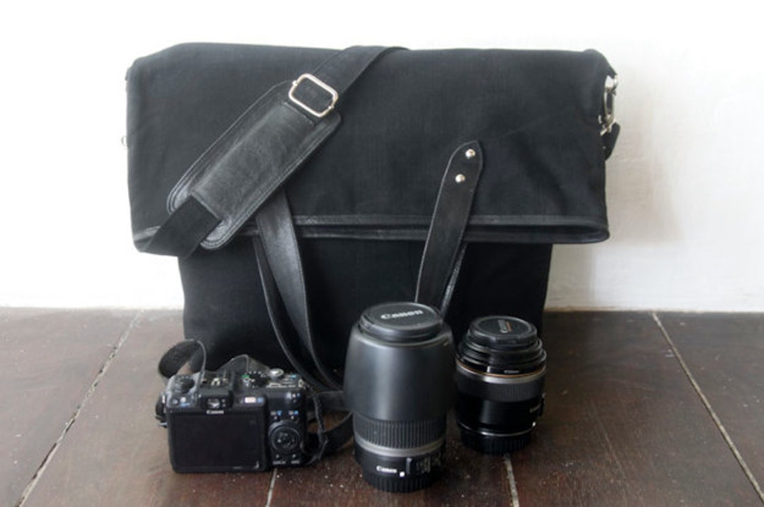Black Waxed Canvas DSLR Camera Bag, Leather Details, Fold Over ...