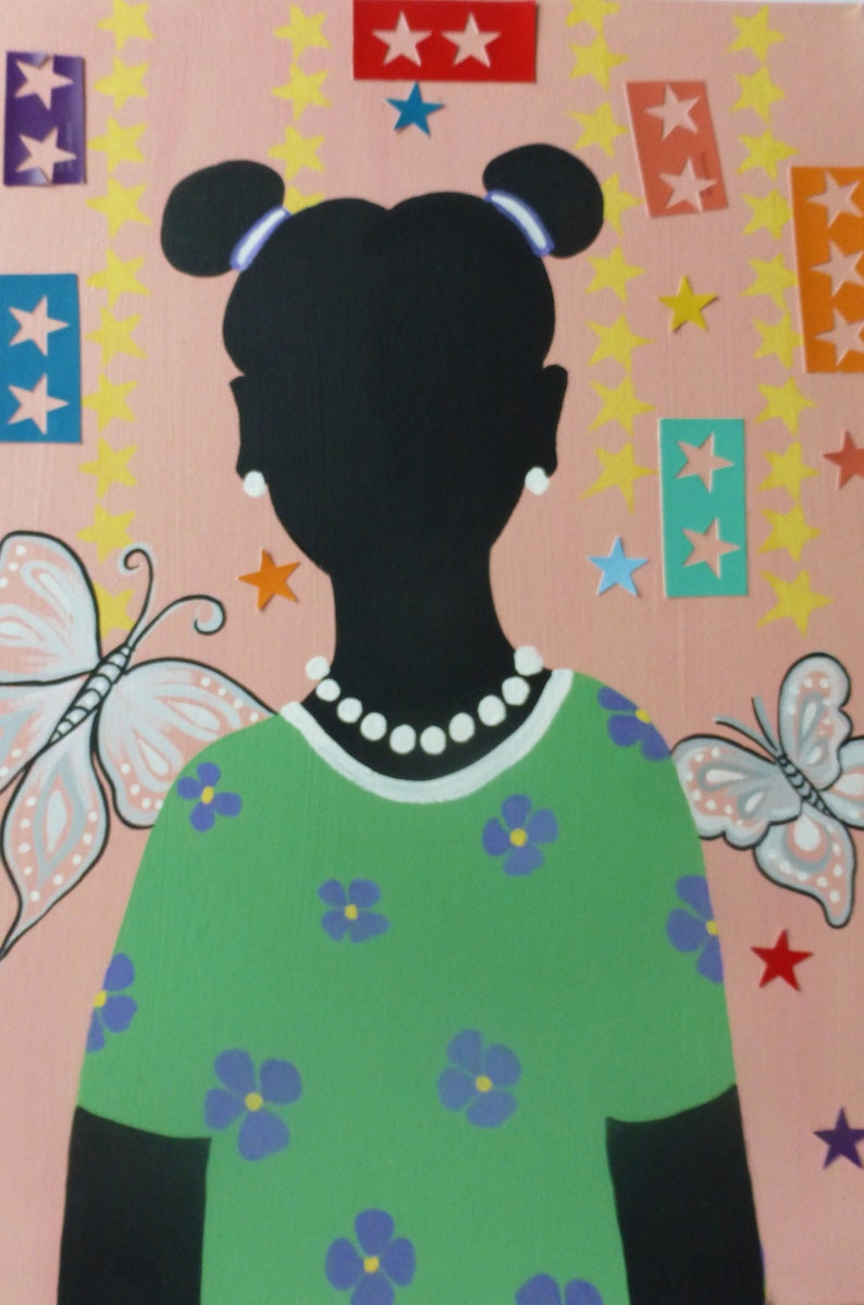 18 X 24 Painting, "buns and Butterflies", Silhouetted Black Girl ...
