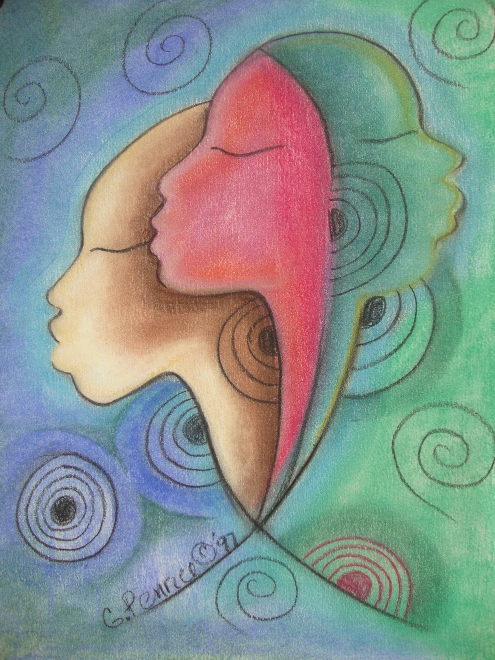 Transitional Faces Pastel Drawing Reproduction Print Afrocentric Home ...