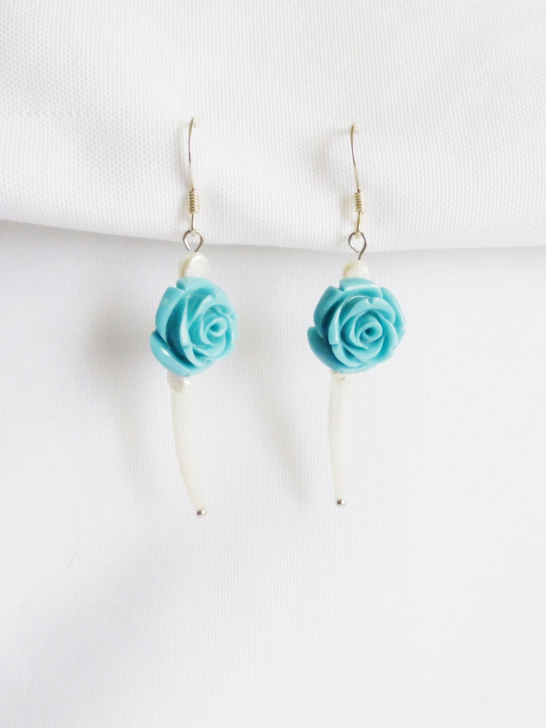 Blue Rose and Sea Shells Dangle Earrings, Contemporary Costume Jewelry ...