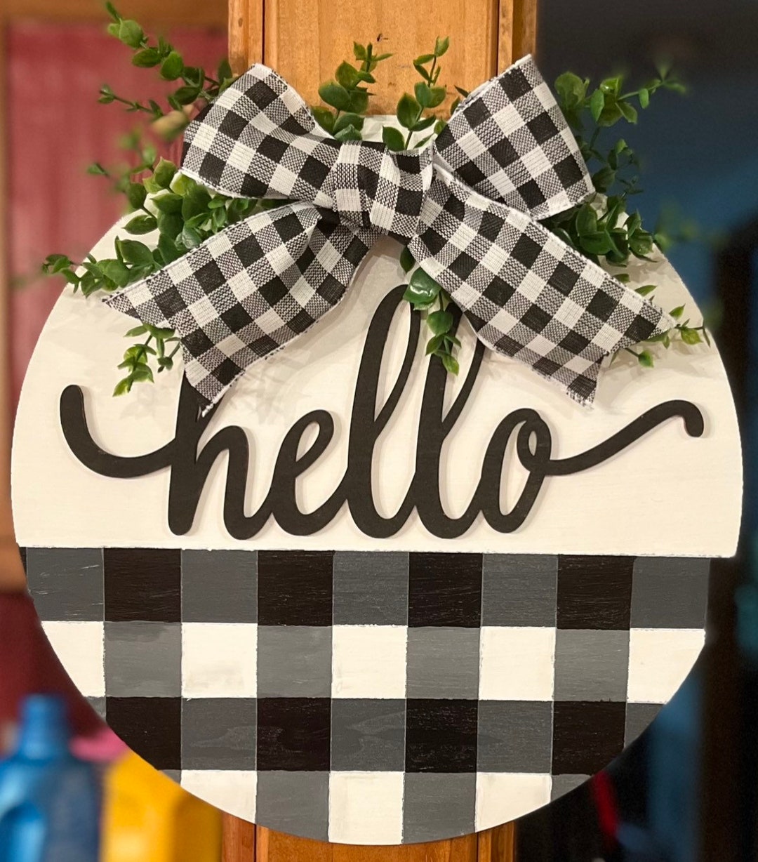 Hello Door Hanger | Welcome Sign | Buffalo Plaid Door Hanger - Etsy