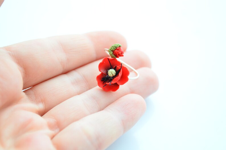 Red Poppy Ring Sterling Silver Base - Etsy