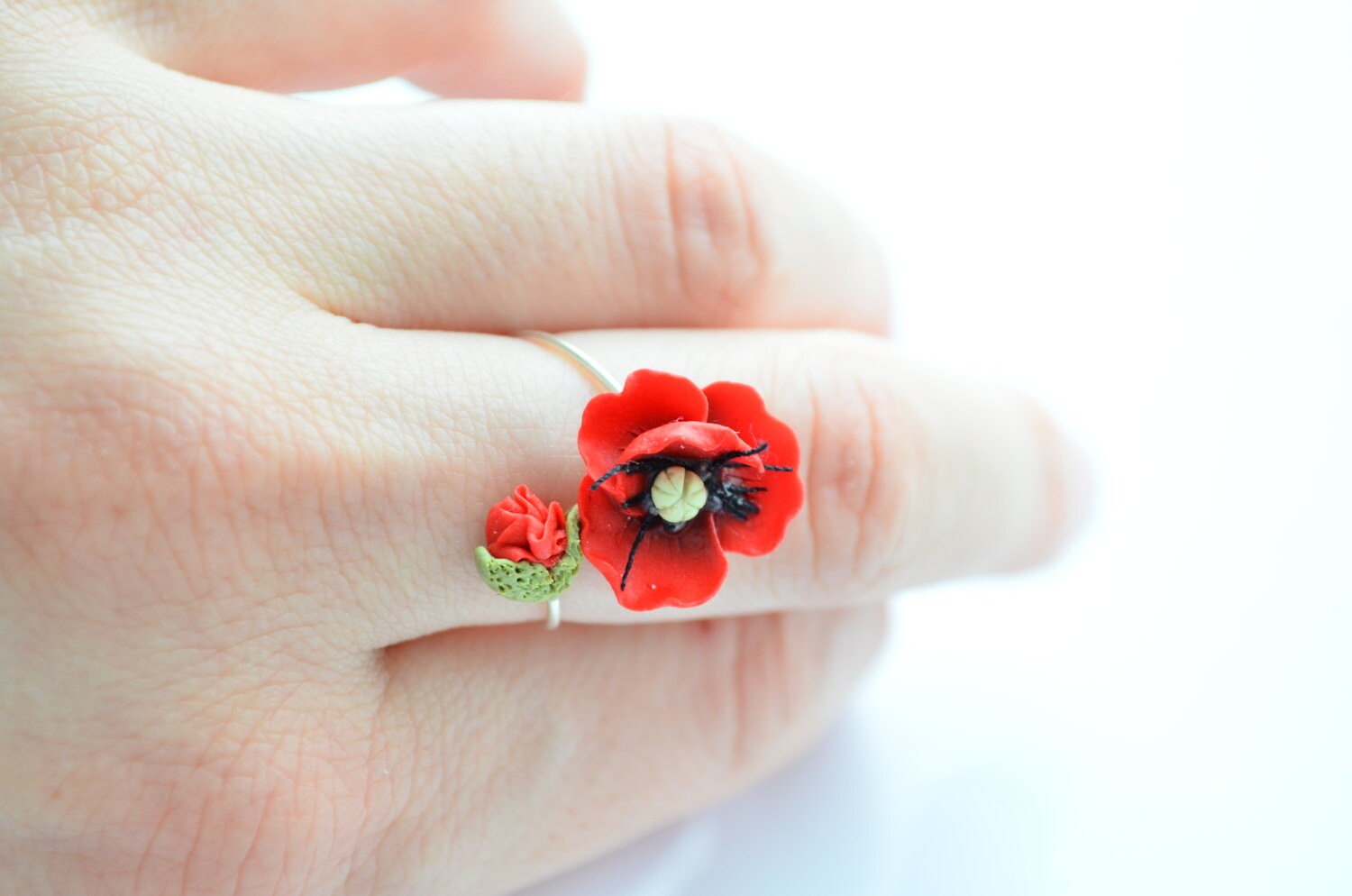 Red Poppy Ring Sterling Silver Base - Etsy