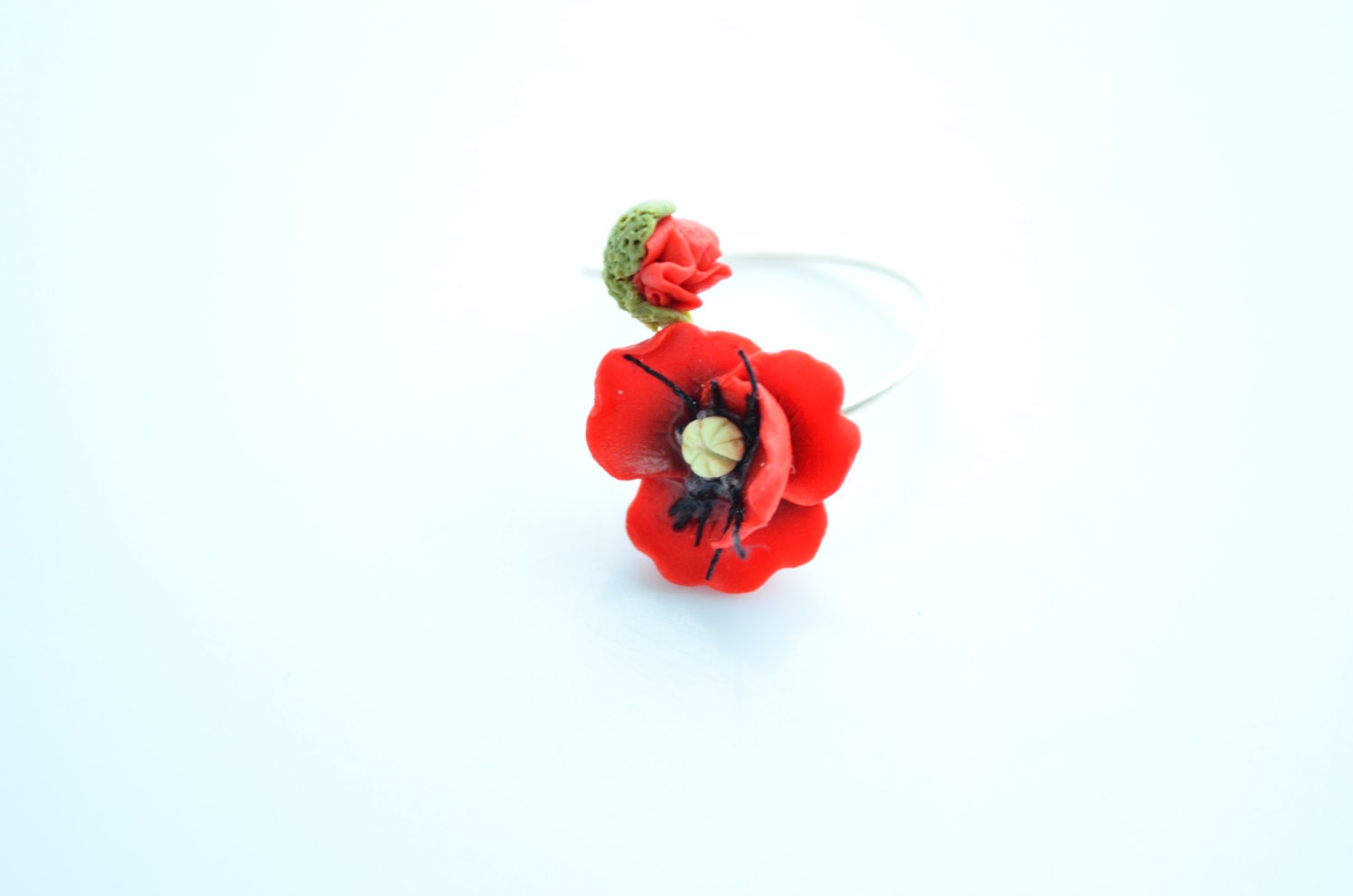 Red Poppy Ring Sterling Silver Base - Etsy