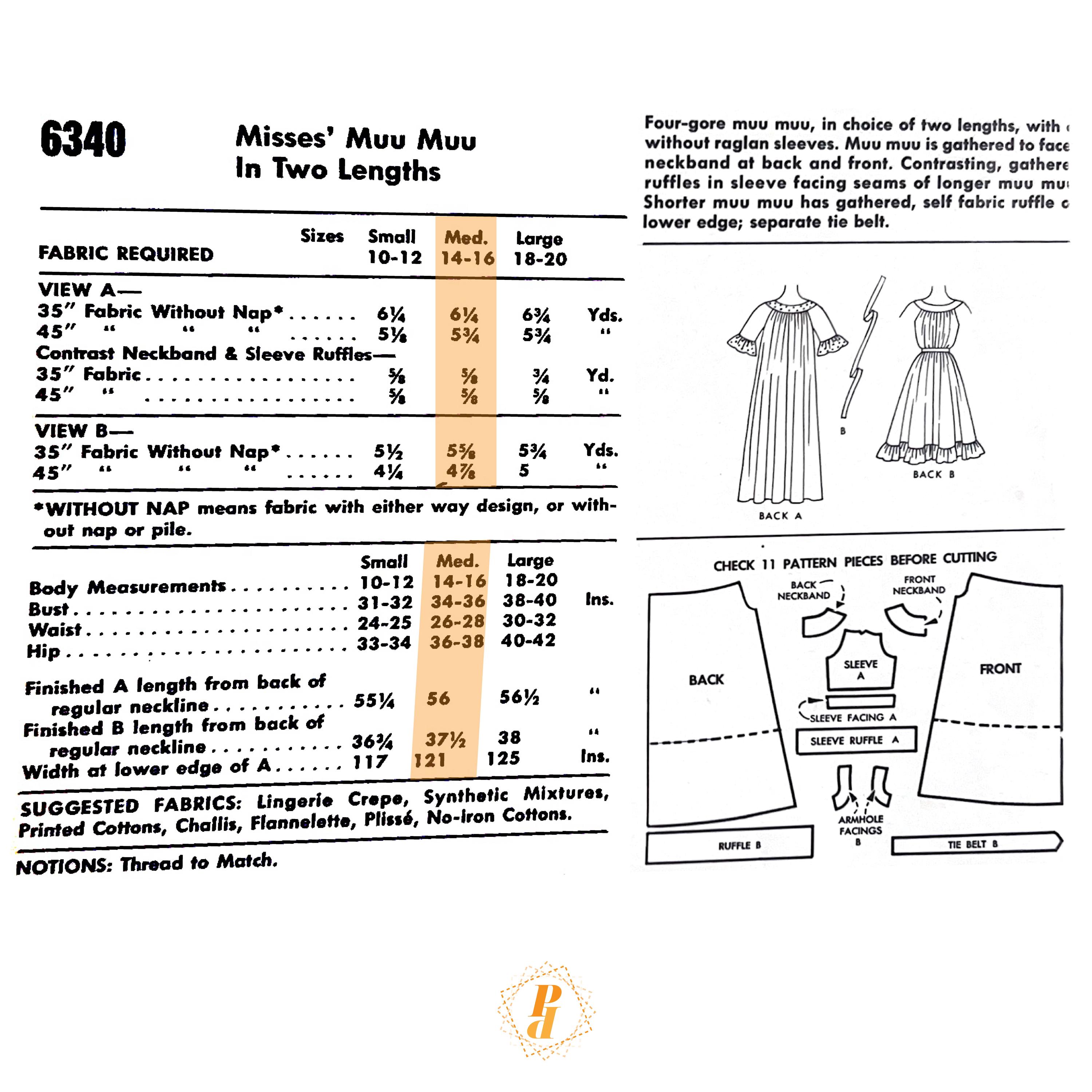 1960s Misses Muu Muu Sewing Pattern 6340, Size Medium, DIGITAL DOWNLOAD ...