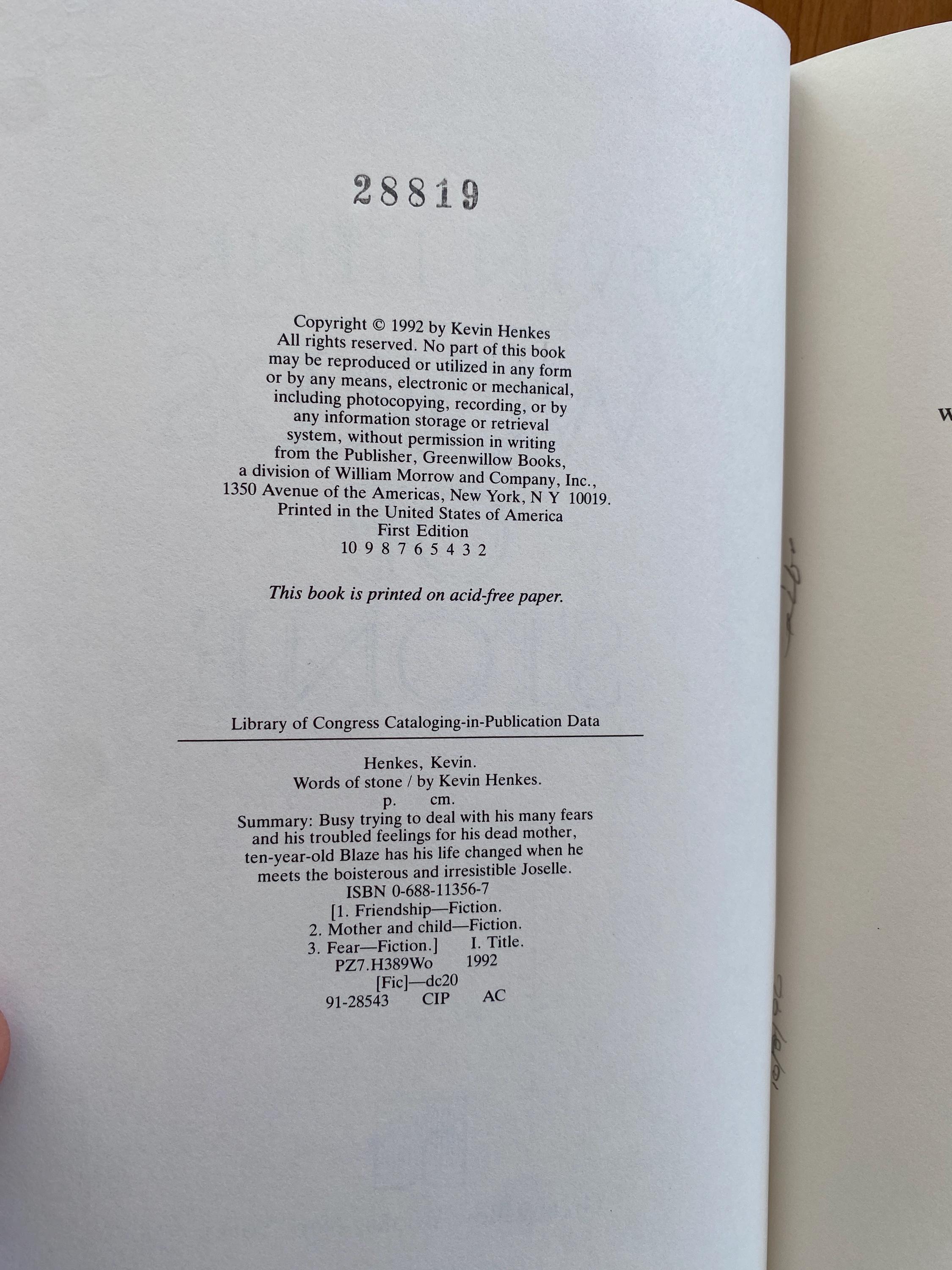 Words of Stone by Kevin Henkes - 1992 Greenwillow - Ex-library First ...