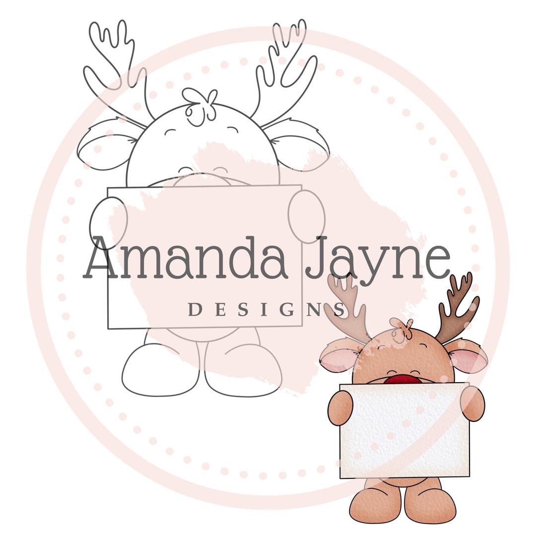 Christmas Digital Stamp, Holiday Stamp, Reindeer With Sign, Reindeer ...