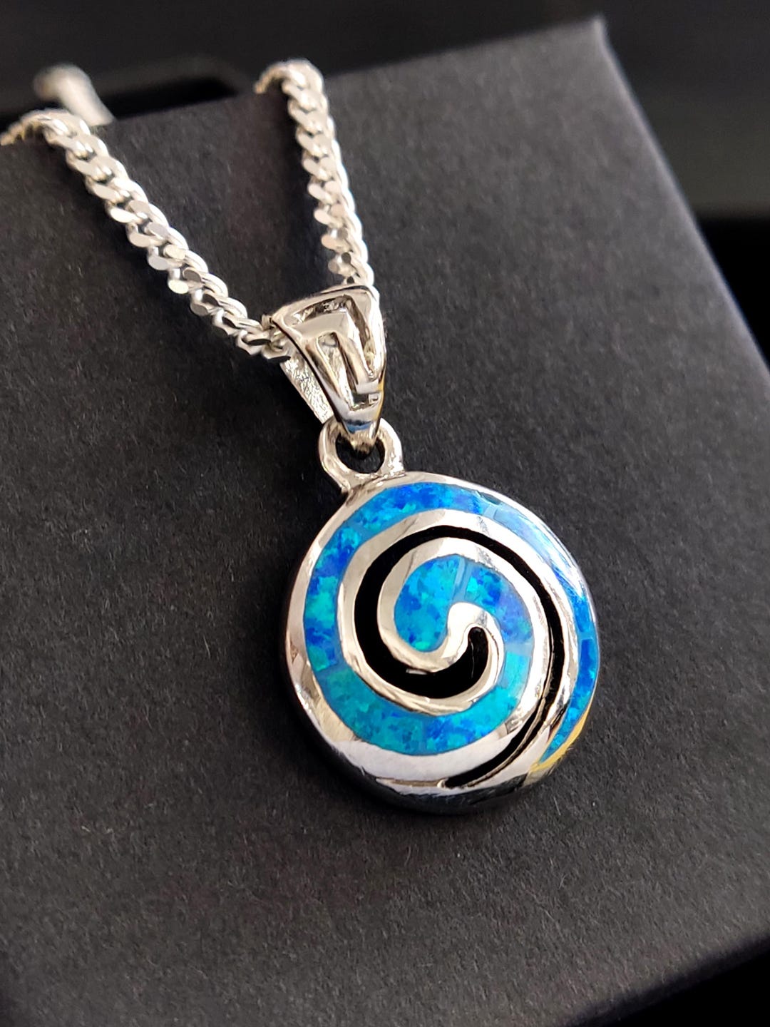 Greek Spiral Blue Opal Silver Pendant Infinity Chain Necklace 15mm ...