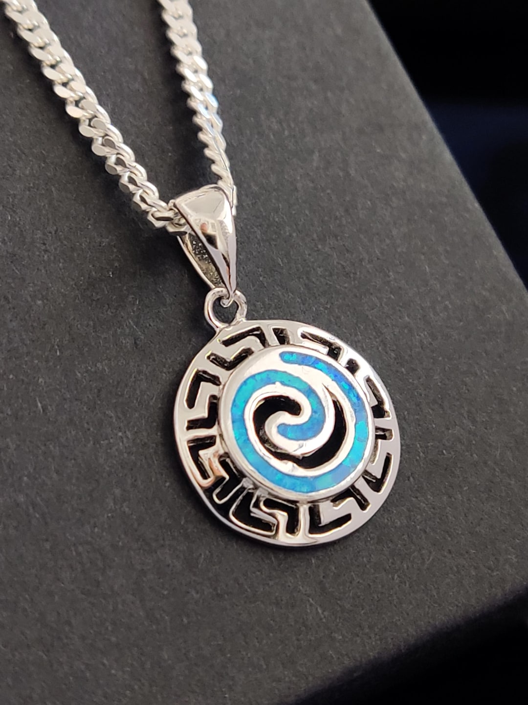 Greek Meander Spiral Blue Opal Silver Pendant Chain Necklace 15mm ...