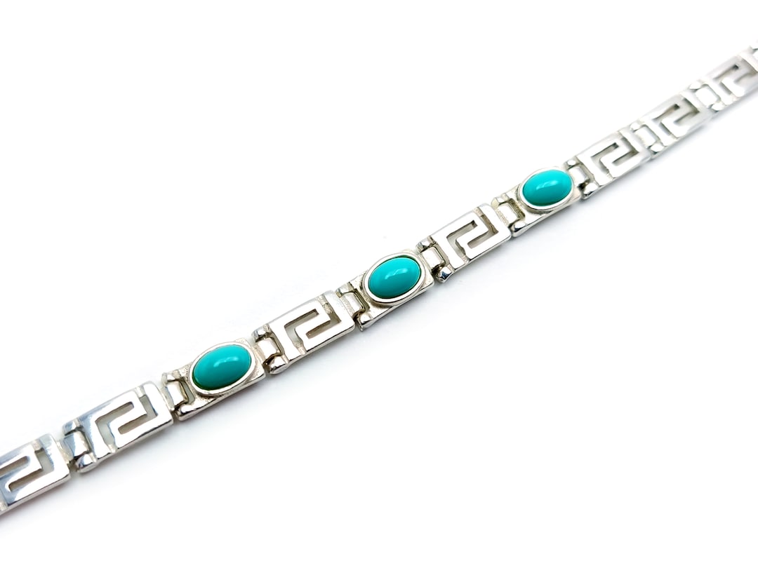 Greek Key Silver Bracelet, Turquoise Blue Stones Jewelry, Griechischer ...