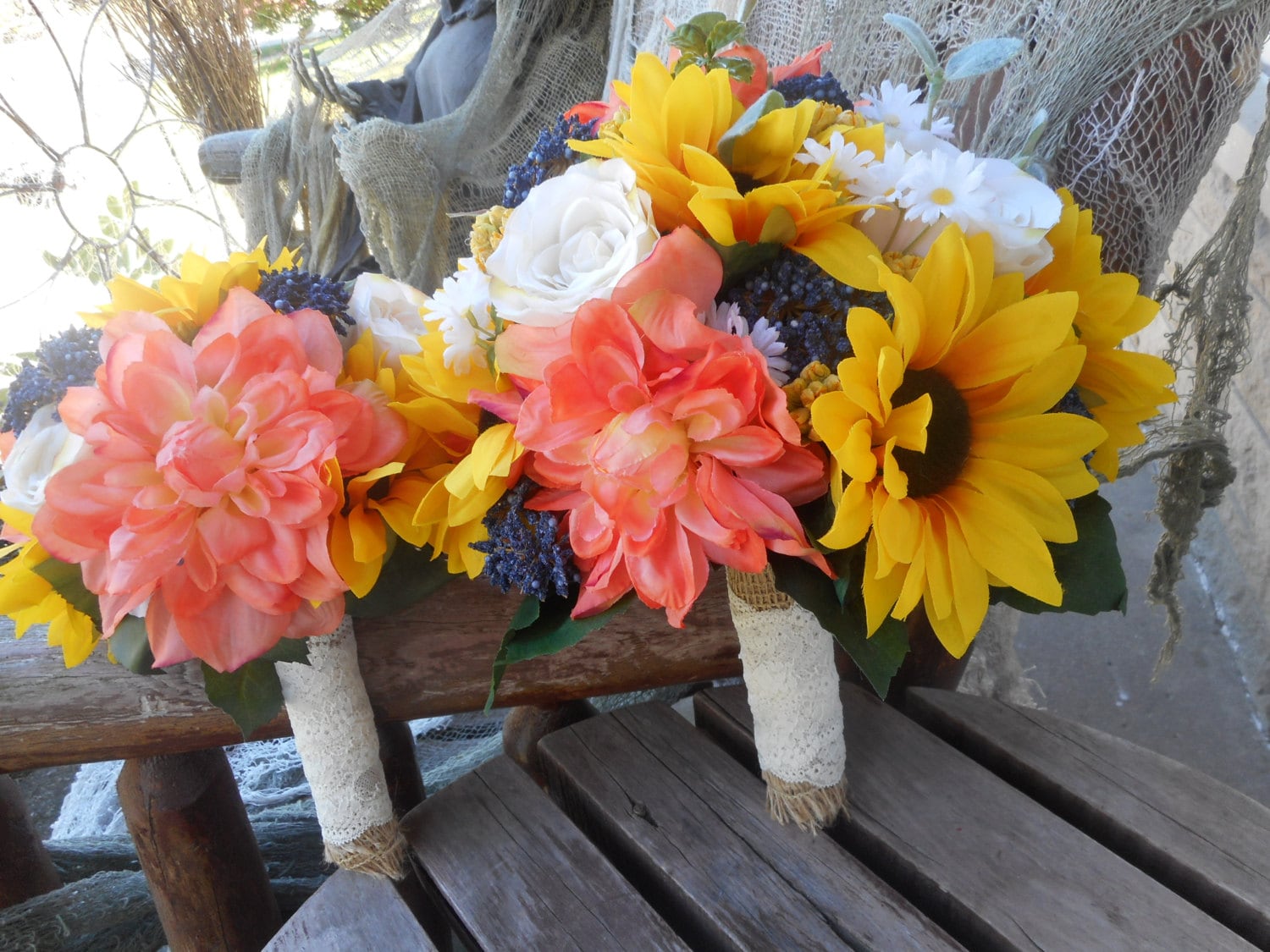 Sunflower Bridal Bouquet With Coral Dahlias and Navy / Country Wedding ...