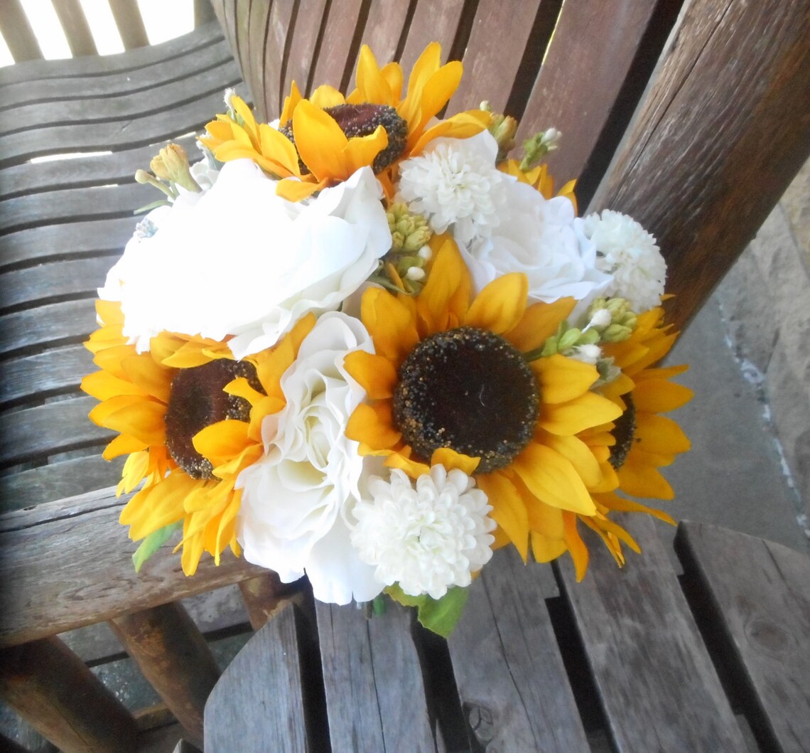 Sunflower Bridal Bouquet With White Roses / Country Wedding / | Etsy