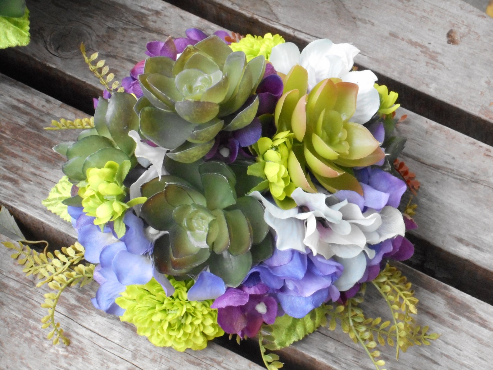 Wedding Cake Topper and Three Layers / Purple and Green Silk Flowers ...
