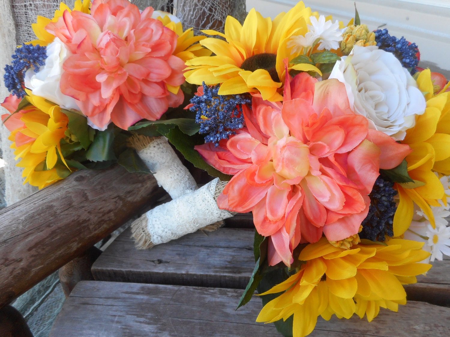 Sunflower Bridal Bouquet With Coral Dahlias and Navy / Country Wedding ...