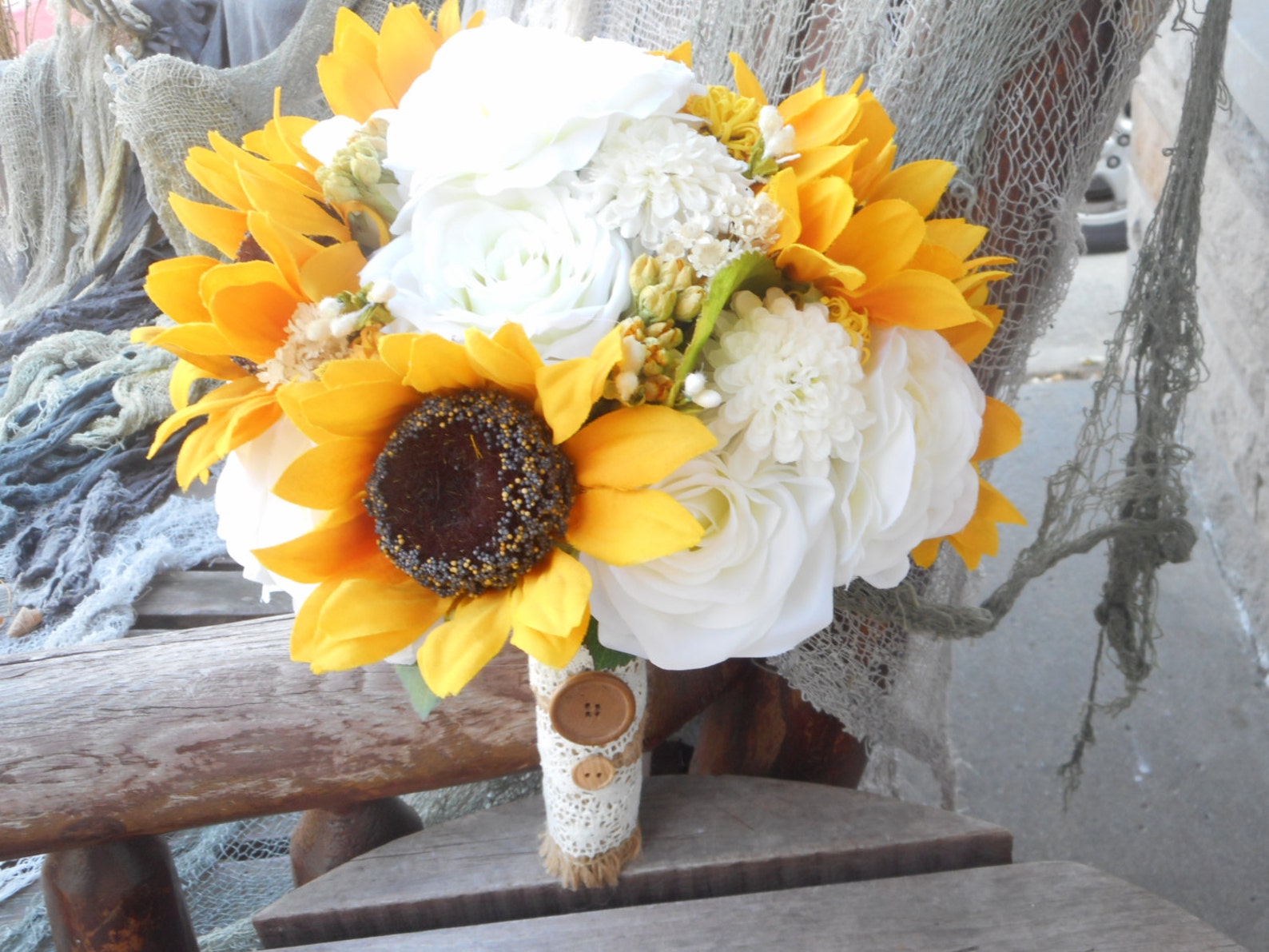 Sunflower Bridal Bouquet With White Roses / Country Wedding / | Etsy
